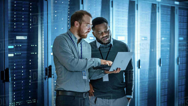 Bearded IT Technician in Glasses with Laptop Computer and Black Male ...
