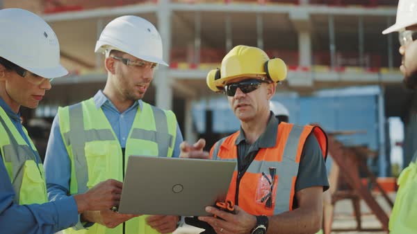 Diverse Team of Specialists Use Laptop Computer on Construction Site ...