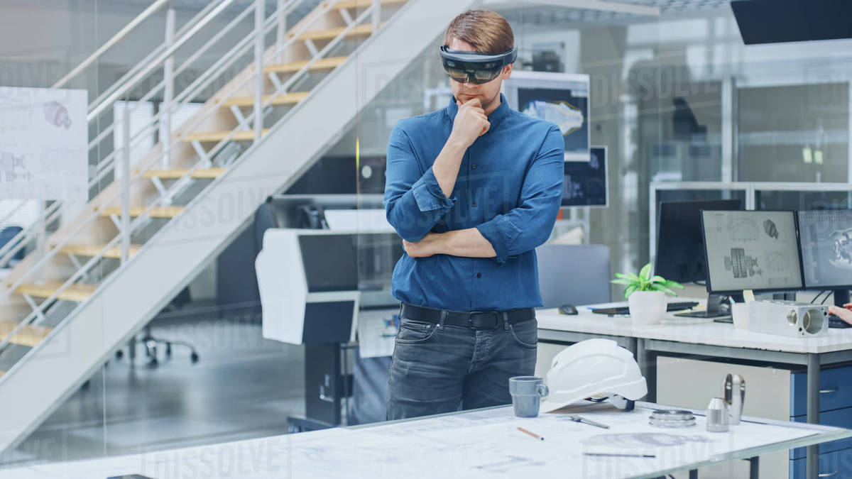 Engineering Software Developer Wearing Virtual Reality Headset Uses ...