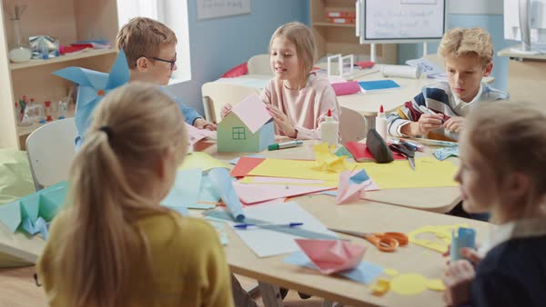 Elementary School Arts & Crafts Class: Diverse Group of Smart Children ...