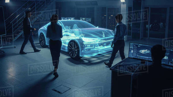 Automobile Engineers Designing Electric Car, Using CAD Software with 3D ...