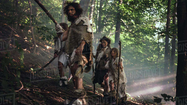 Tribe of Hunter-Gatherers Wearing Animal Skin Holding Stone Tipped ...