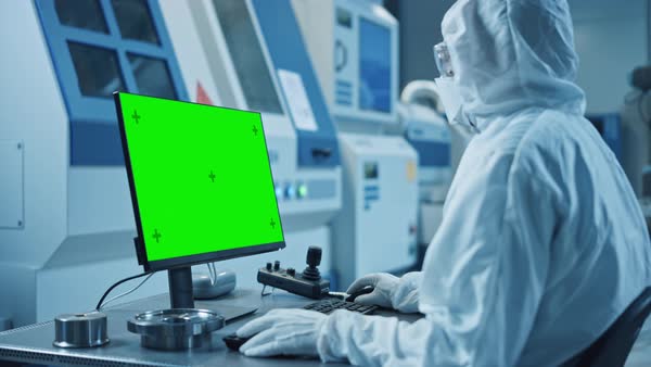 Factory Cleanroom: Engineer Wearing Coverall and Mask Does System ...