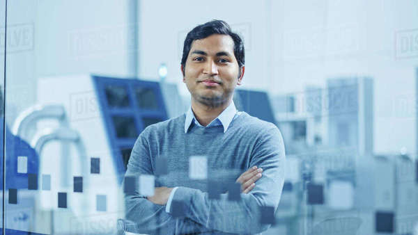 Modern Factory Office: Portrait of Handsome Indian Engineer Crosses ...
