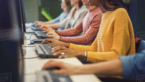 Row of Diverse Group of Multi-Ethnic People Works on PC. Office Team of ...
