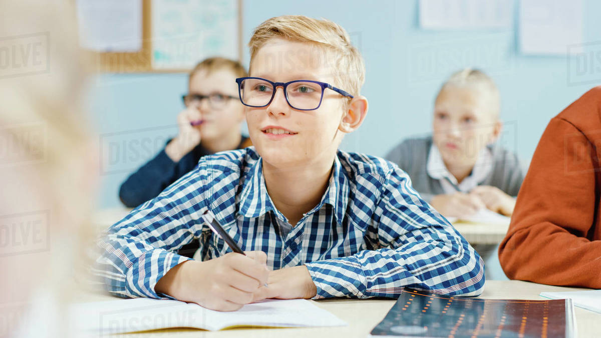 In Elementary School Class: Portrait of a Brilliant Caucasian Boy ...