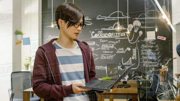Talented Young Asian App Developer Leader Work With Laptop. Creative ...