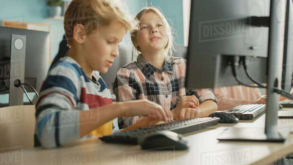 Elementary School Computer Science Classroom: Portrait of Smart Girl ...