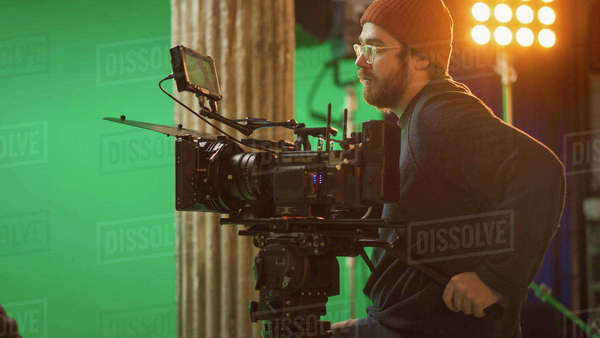 Portrait of Cameraman on Railway Trolley Shooting Green Screne Scene ...