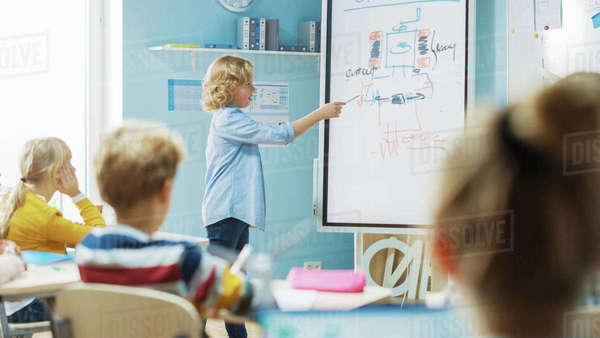 Elementary School Science Class: Cute Young Student Uses Interactive ...