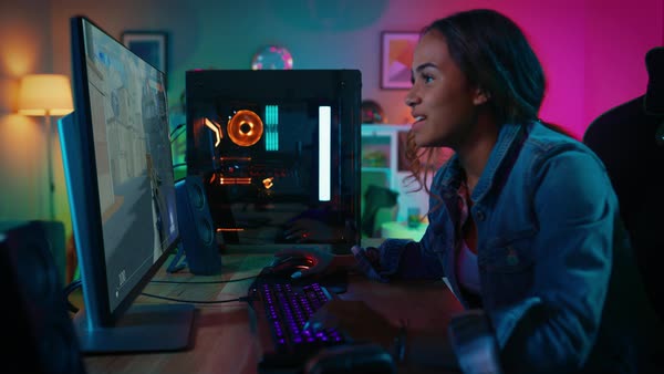 Professional Beautiful Female eSports Gamer Plays 3D Shooter Mock-up ...