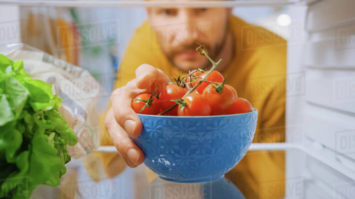 Camera Inside Kitchen Fridge: Handsome Man Opens Fridge Door, Takes out ...