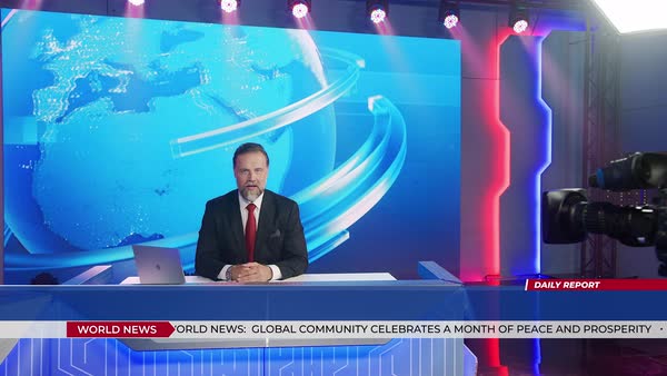 Live News Studio with Professional Male Newscaster Reporting on the ...