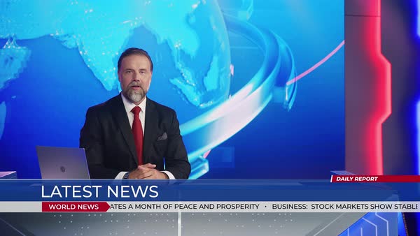 Live News Studio with Professional Male Anchor Reporting on the Events ...