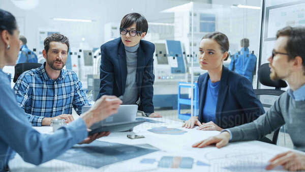 Modern Factory Office Meeting Room: Multi-Ethnic and Diverse Team of ...