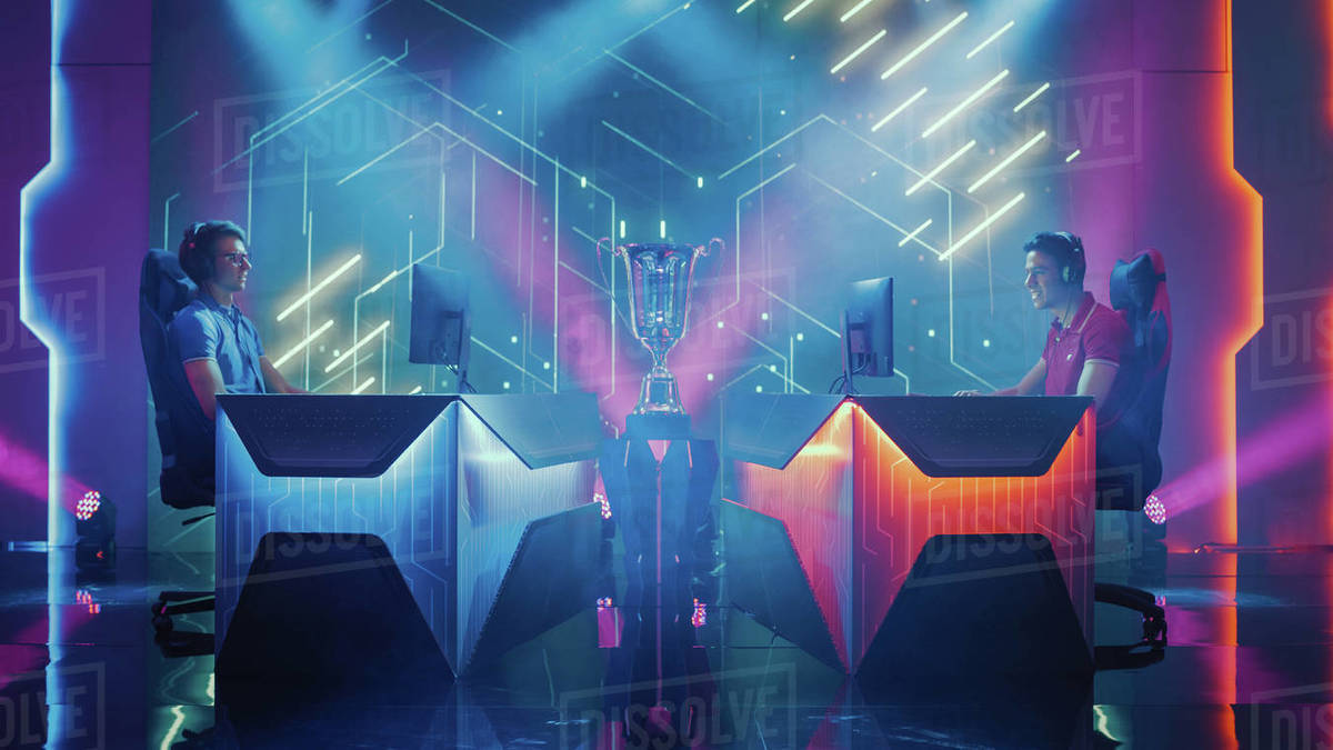 Two Esport Gamers Competition in a Video Game on a Championship Arena ...