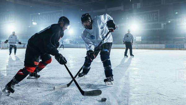 Ice Hockey Rink Arena: Two Professional Players From Different Teams ...