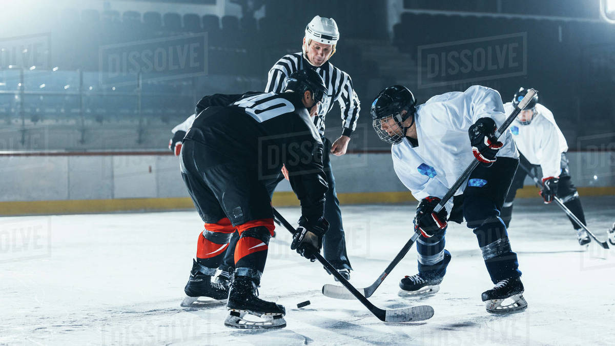 Ice Hockey Rink Arena Game Start: Two Players Brutal Face off, Sticks ...