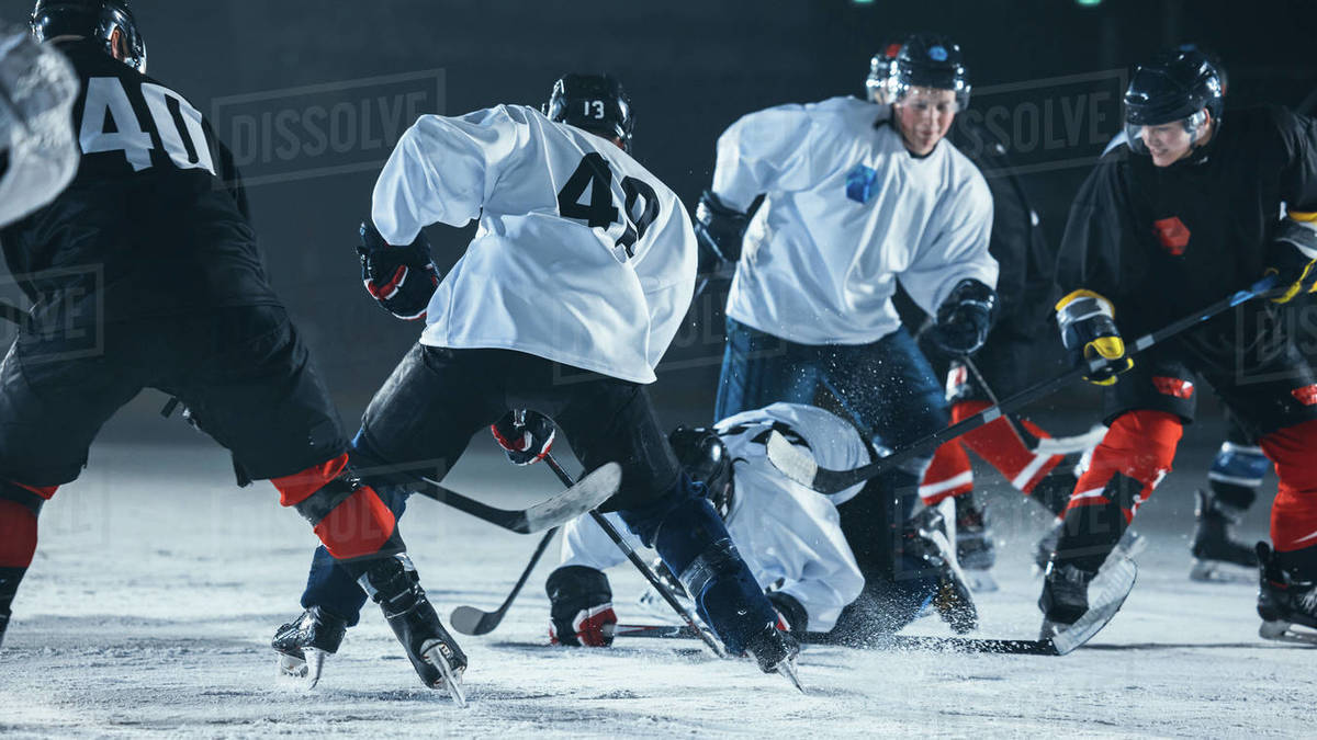 Ice Hockey Rink Arena: Two Competitive Teams Playing and Fighting for a ...