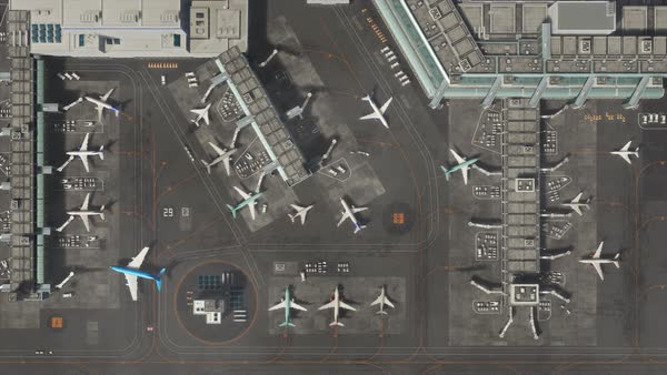 Aerial View of a 3D Commercial Airport Render with Parked Planes - 4K ...