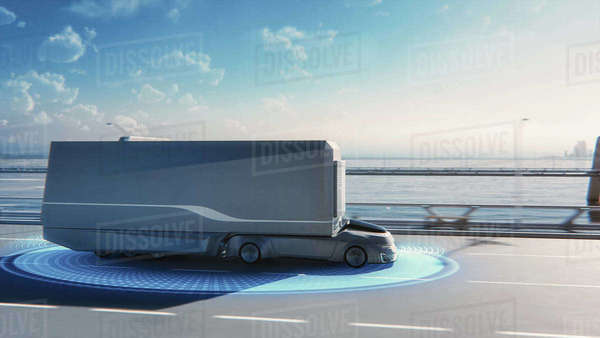 Autonomous Self-Driving Lorry Truck with Cargo Trailer Drives on the ...