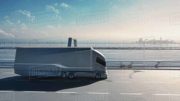 Autonomous Self-Driving Truck with Cargo Trailer Drives on the Road ...