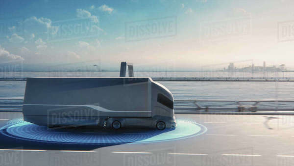 Autonomous Self-Driving Truck with Cargo Trailer Drives on the Road ...