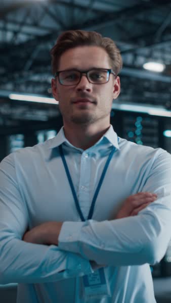 Data Center Portrait of Smiling Chief Technology Officer Wearing ...