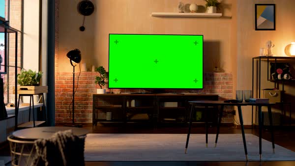 Stylish Loft Apartment Interior with TV Set with Green Screen Mock Up ...