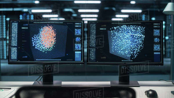 High-Tech Big Data Center Server with Two Screens Showing Advanced ...
