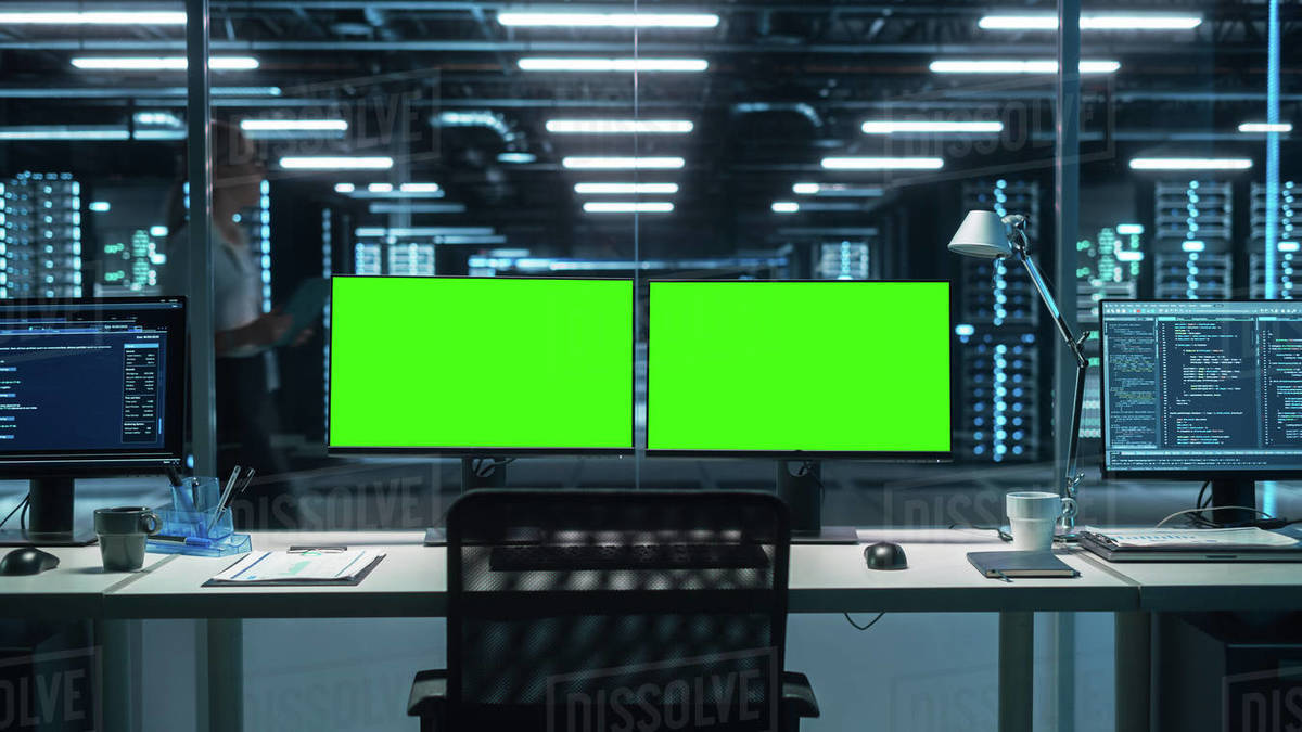 High-Tech Data Center Server with Two Green Screen Chroma Key Display ...