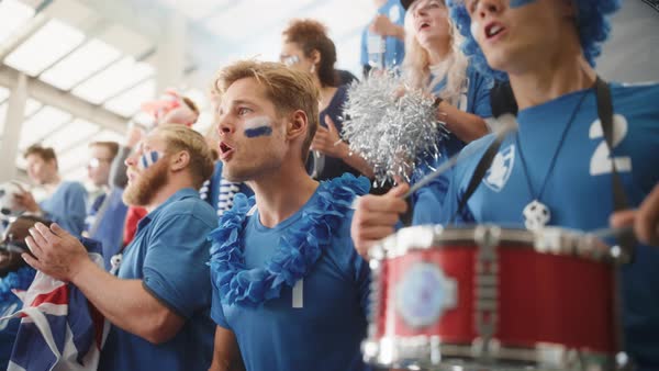 Sport Stadium Event: Crowd of Fans Cheer for their Blue Soccer Team to ...