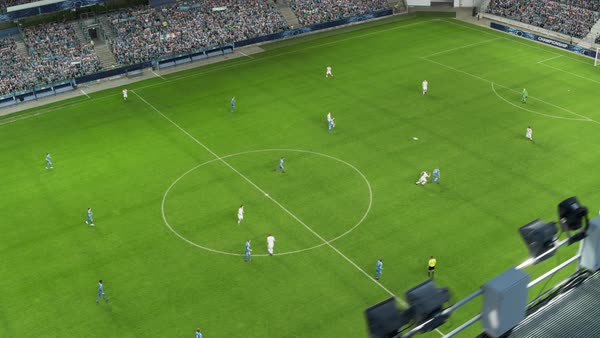 Soccer Championship Match on a Stadium full of Cheering Fans. Teams ...
