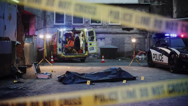Night Establishing Shot: Empty Crime Scene in Back Alley. Covered ...