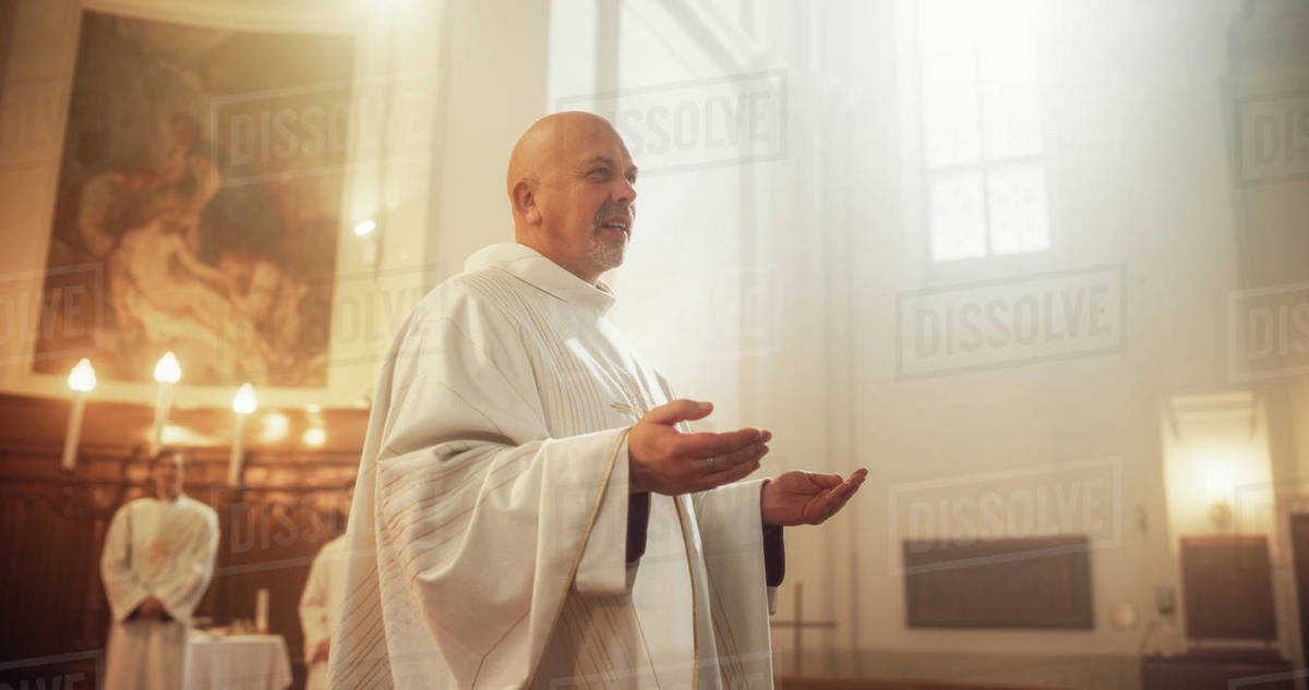 In Grand Old Church Minister Leads The Holy Communion Sermon, Guiding ...