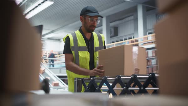 Multiethnic Male Loader Putting Boxes On Automated Conveyor Belt In ...