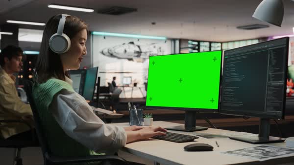 Female Asian Game Programmer Coding On Desktop Computer With Green ...