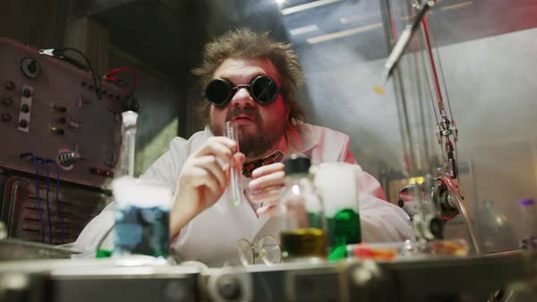 Mad scientist drinking liquid in laboratory then screaming - 4K Rights ...