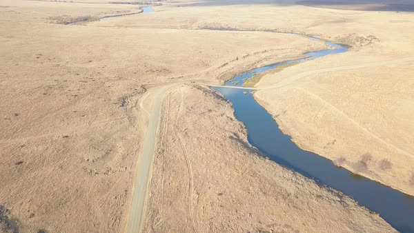 Driving along dirt road looking sideways at arid field with cows ...