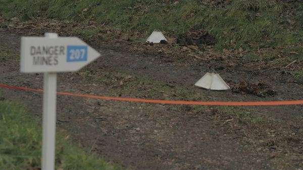 Reenactment of a WW2 German minefield with mine warning sign. - Stock ...