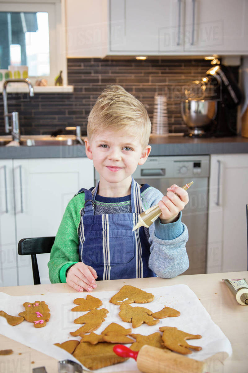 Boy decorating gingerbread cookies - Stock Photo - Dissolve