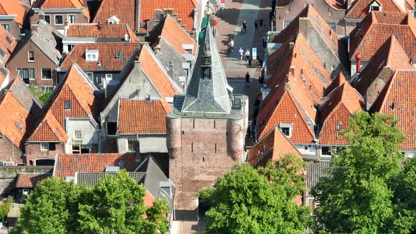 Vischpoort (Fish Gate) in Elburg, ancient walled town seen from above ...