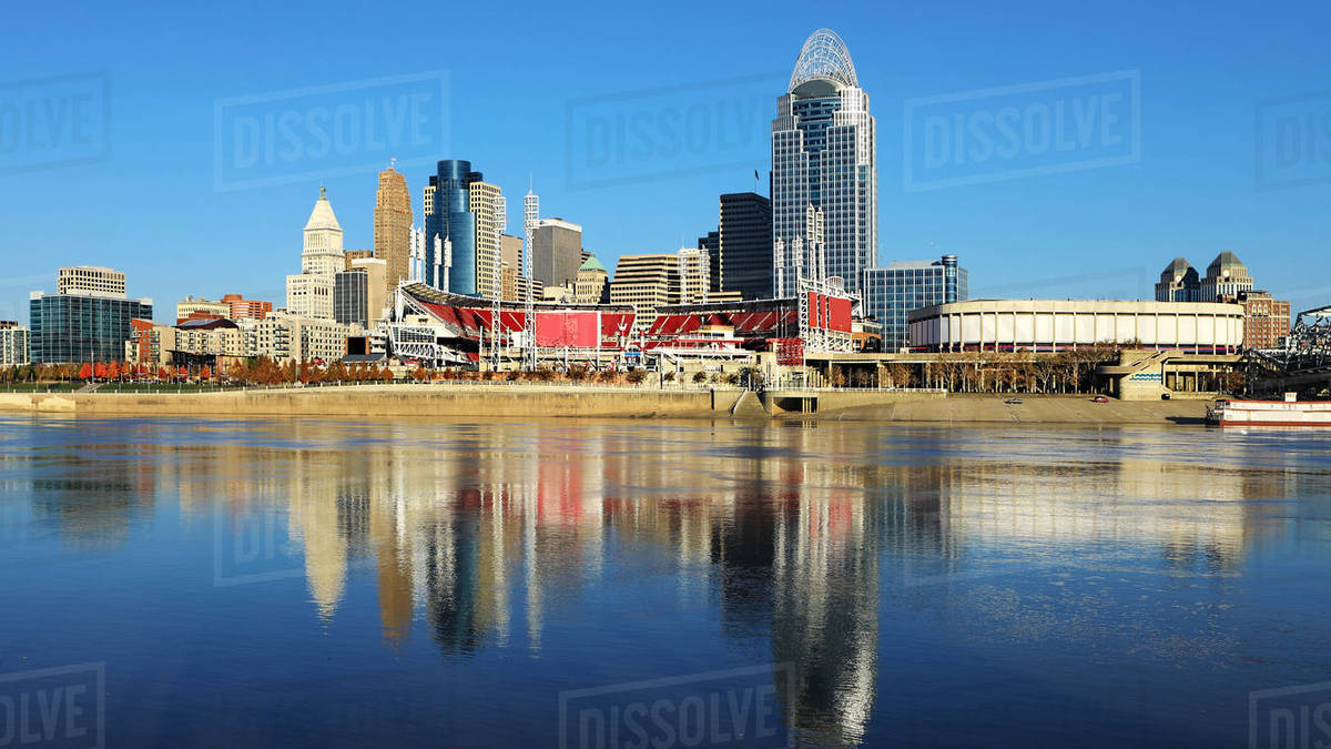 View Cincinnati skyline with Ohio River reflections - Royalty-free ...