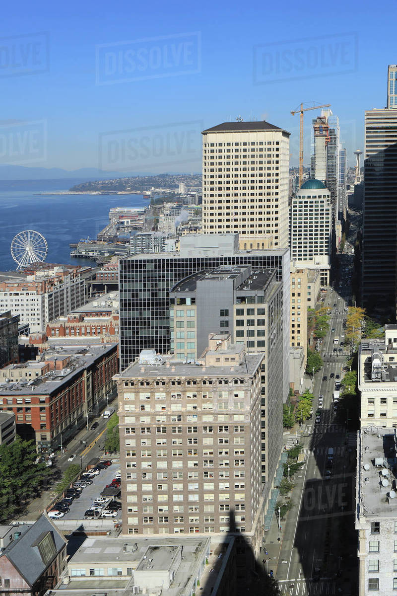 A Vertical aerial of skyscrapers in Seattle, Washington - Stock Photo ...