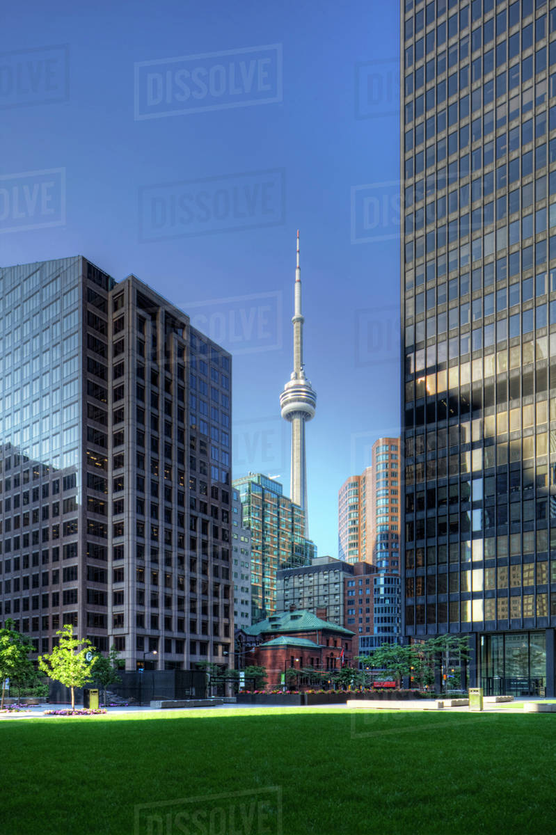 Vertical of Toronto skyscrapers with CN tower in background - Stock ...