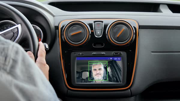 Man's face scanning on face recognition system in car - Stock Video ...