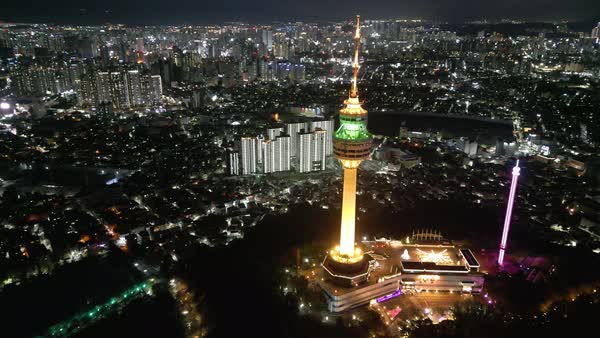Korean Iconic Daegu tower 83 illuminated landmark aerial view ...
