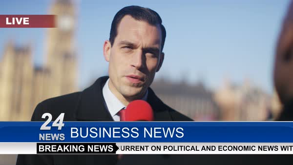 Businessman or politician giving live interview to reporter outside ...