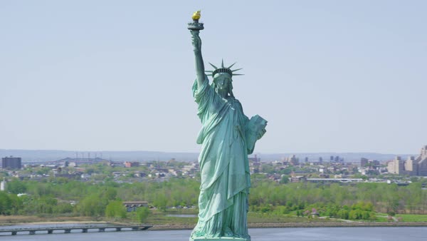 Helicopter aerial view of Statue of Liberty, New York City State ...