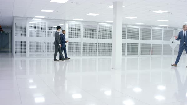 Business people looking around large modern data center with rows of ...